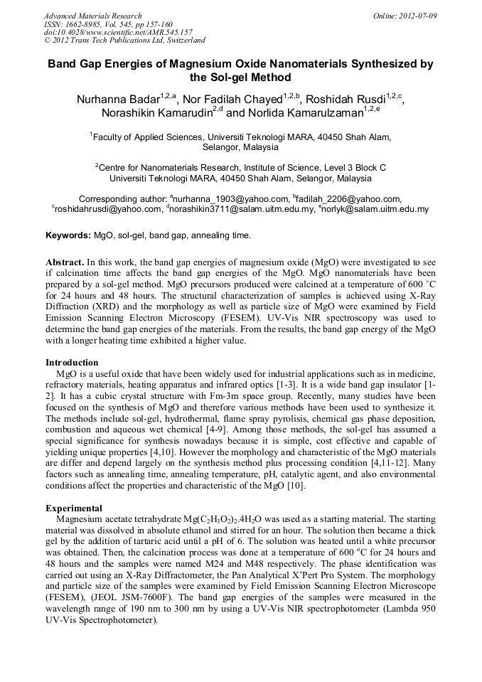 Band Gap Energies of Magnesium Oxide Nanomaterials Synthesized by the ...
