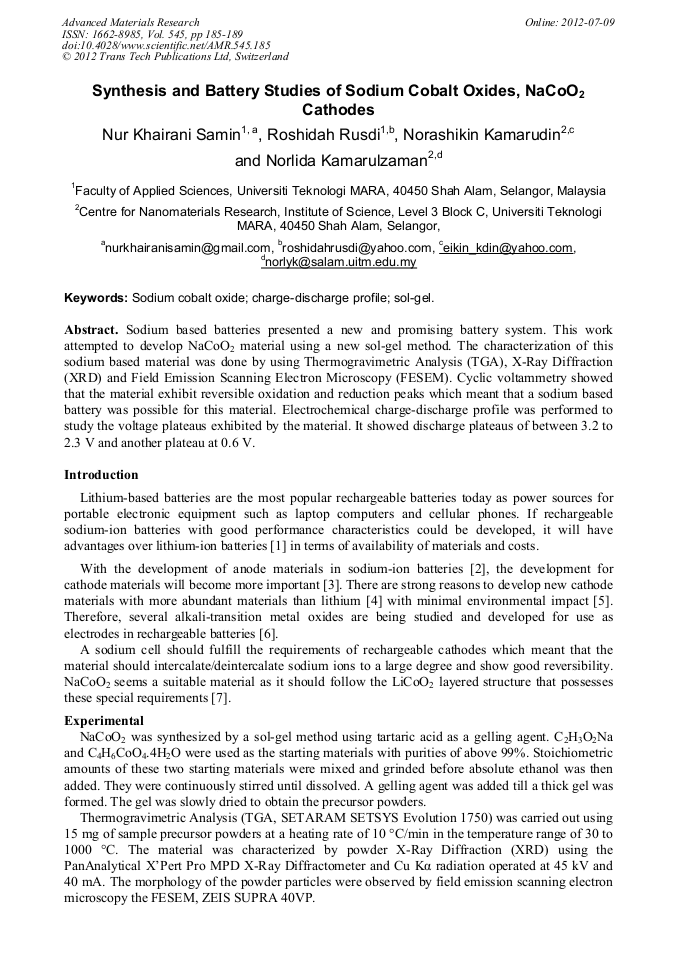 Synthesis and Battery Studies of Sodium Cobalt Oxides, NaCoO2 Cathodes ...