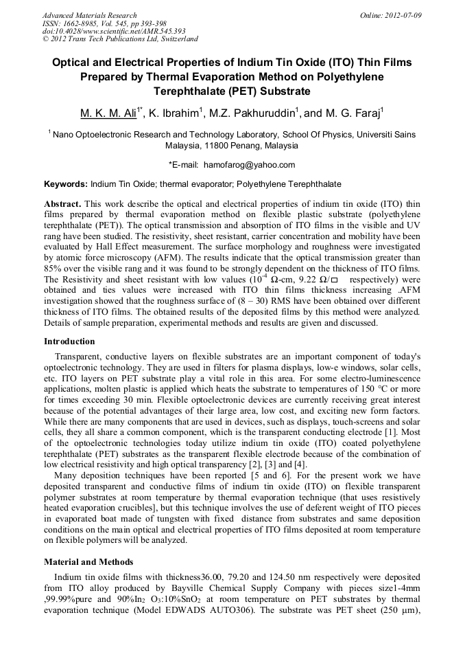 Optical and Electrical Properties of Indium Tin Oxide (ITO) Thin Films ...