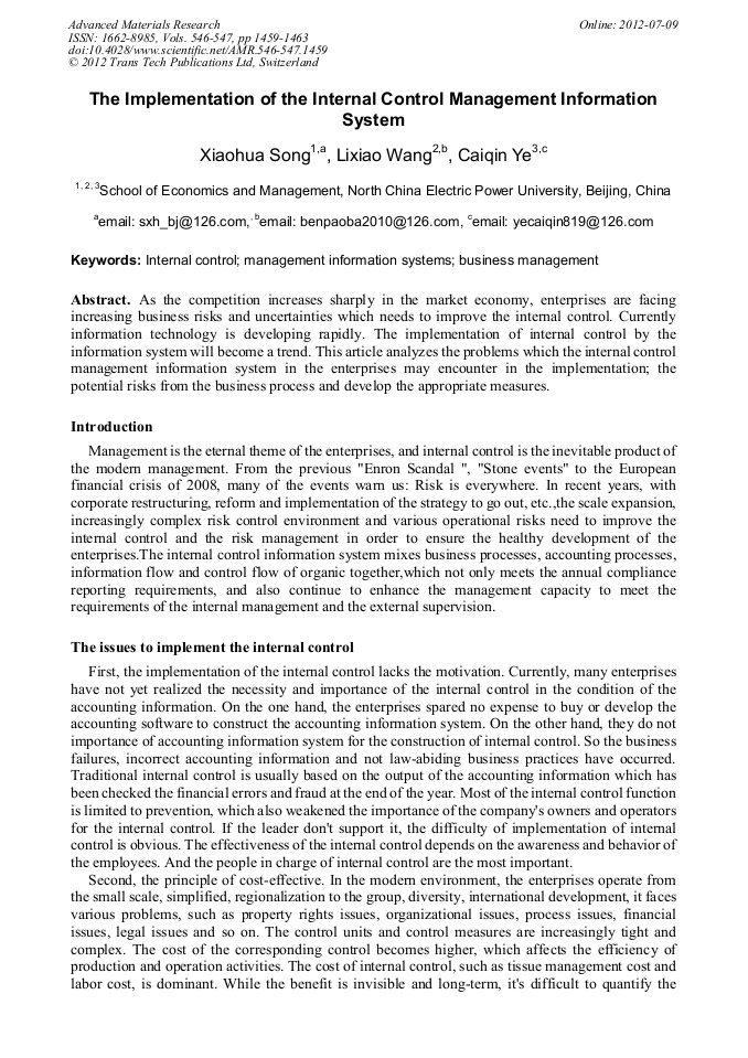 The Implementation of the Internal Control Management Information ...