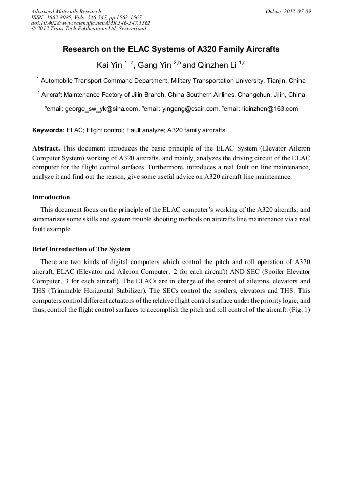 Research on the ELAC Systems of A320 Family Aircrafts | Scientific.Net