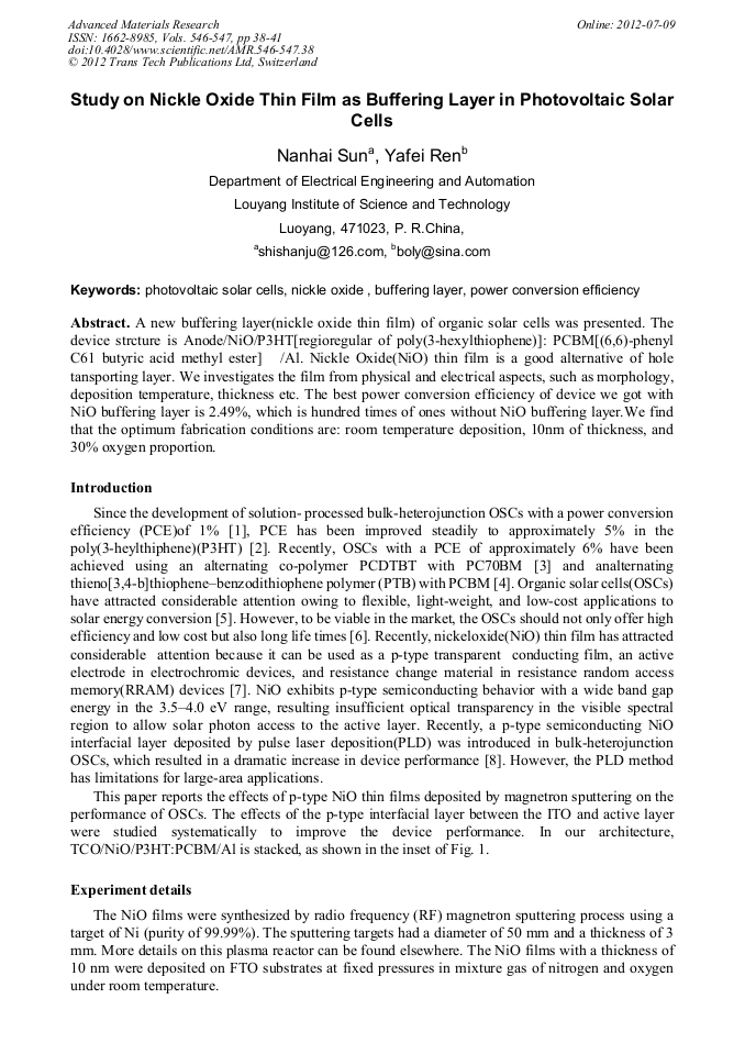 Study on Nickle Oxide Thin Film as Buffering Layer in Photovoltaic ...