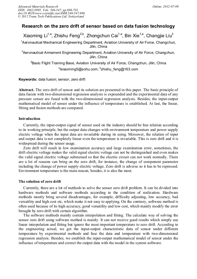 Research on the Zero Drift of Sensor Based on Data Fusion Technology ...