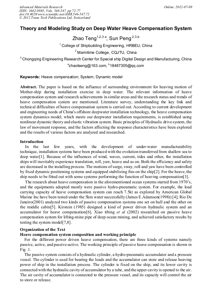 Theory and Modeling Study on Deep Water Heave Compensation System ...