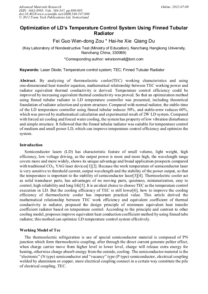 Optimization of LD’s Temperature Control System Using Finned Tubular ...