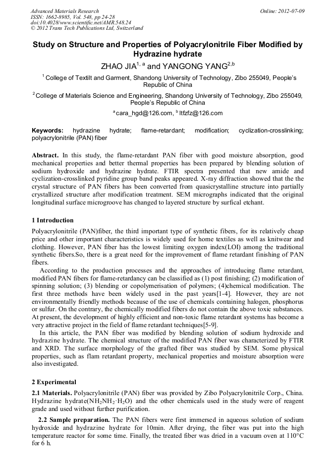 Study on Structure and Properties of Polyacrylonitrile Fiber Modified ...