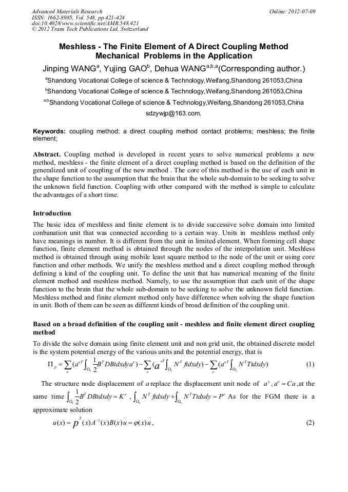 Meshless - The Finite Element of a Direct Coupling Method Mechanical ...