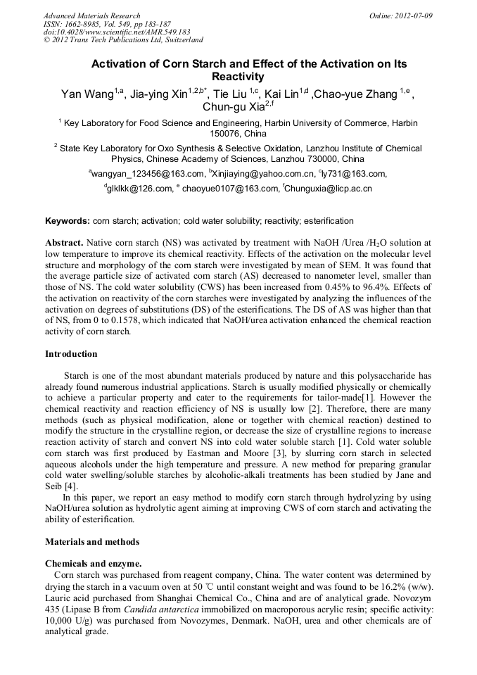 Activation of Corn Starch and Effect of the Activation on its ...