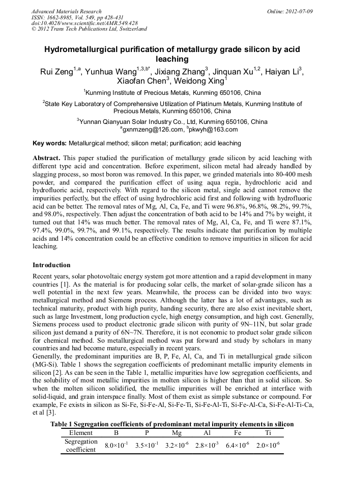Hydrometallurgical Purification of Metallurgy Grade Silicon by Acid ...