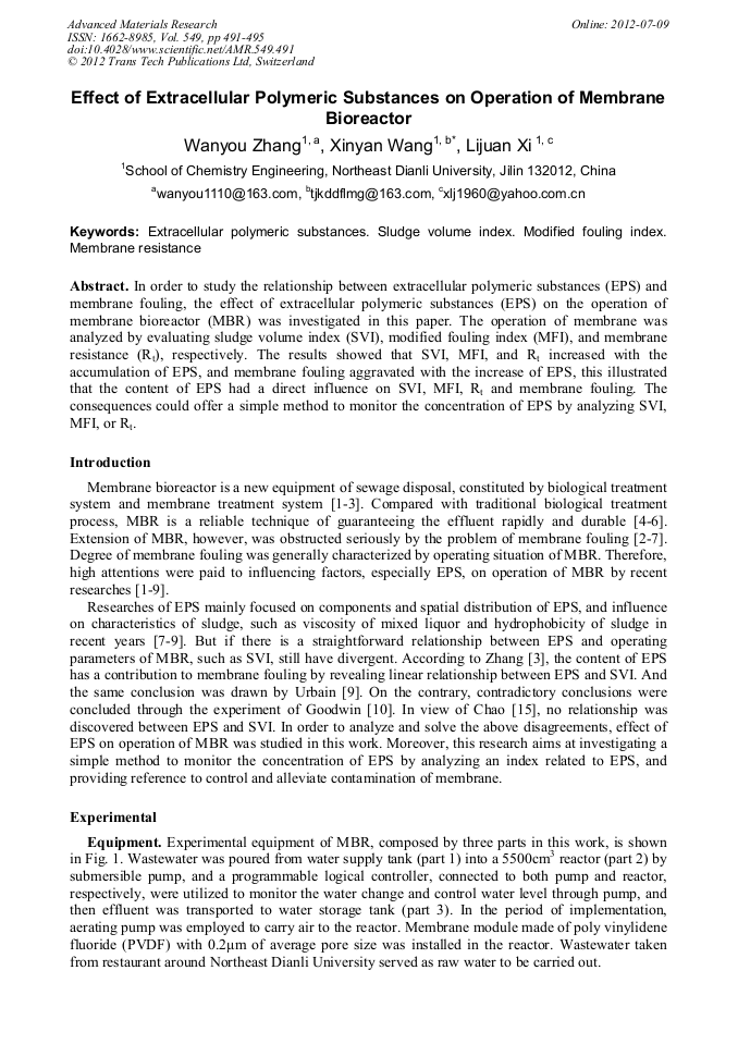 Effect of Extracellular Polymeric Substances on Operation of Membrane ...