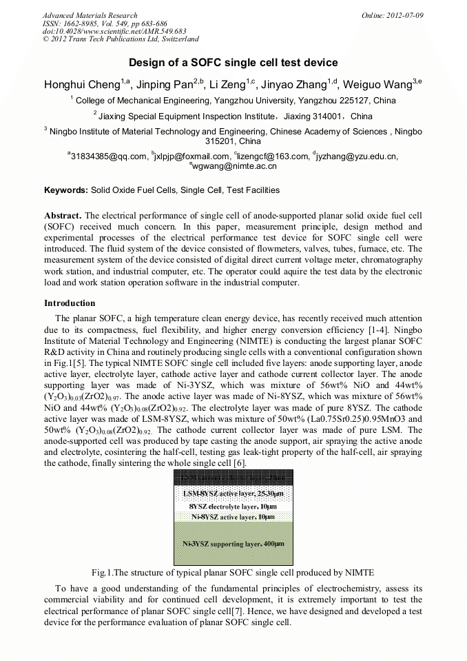 Design of a SOFC Single Cell Test Device | Scientific.Net