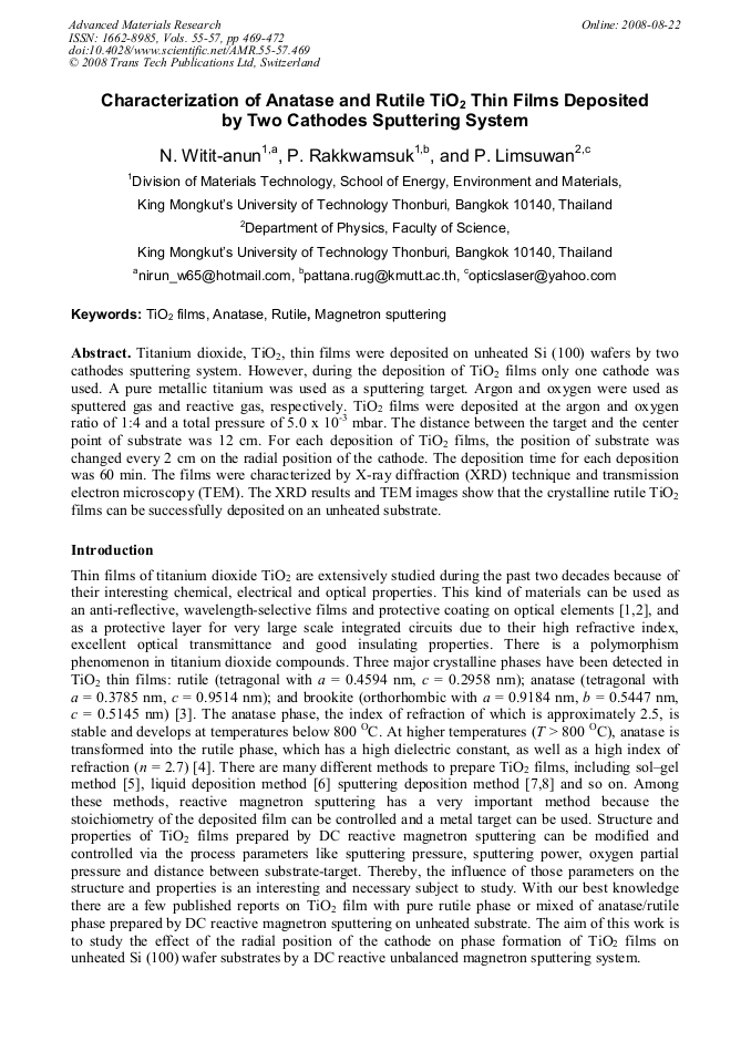 Characterization of Anatase and Rutile TiO2 Thin Films Deposited by Two ...