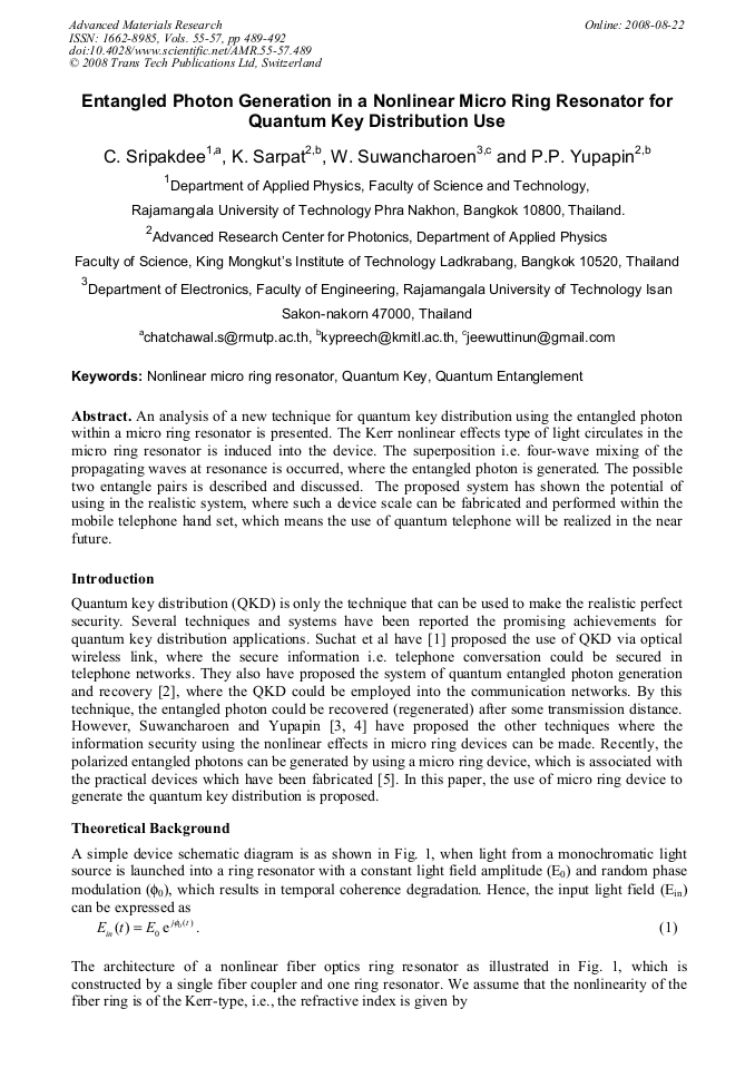 Entangled Photon Generation in a Nonlinear Micro Ring Resonator for Quantum Key Distribution Use ...