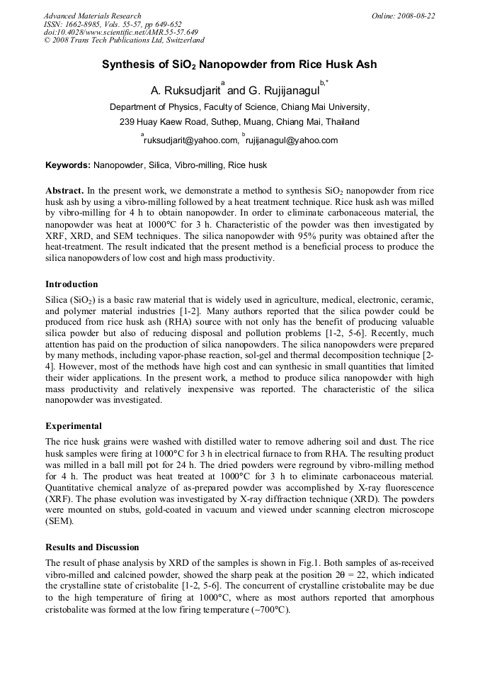 Synthesis of SiO2 Nanopowder from Rice Husk Ash | Scientific.Net