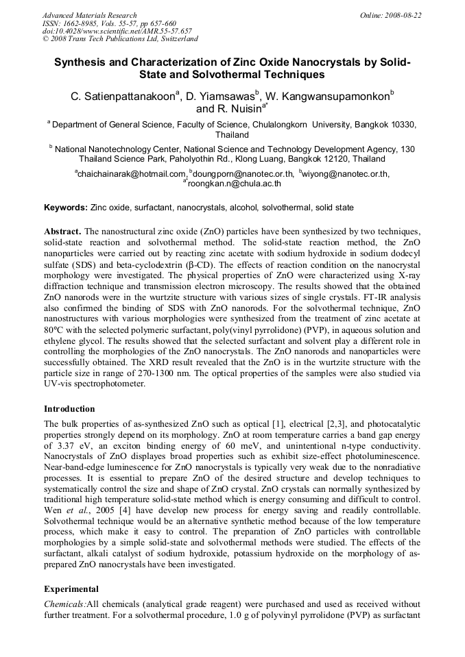Synthesis and Characterization of Zinc Oxide Nanocrystals by Solid ...