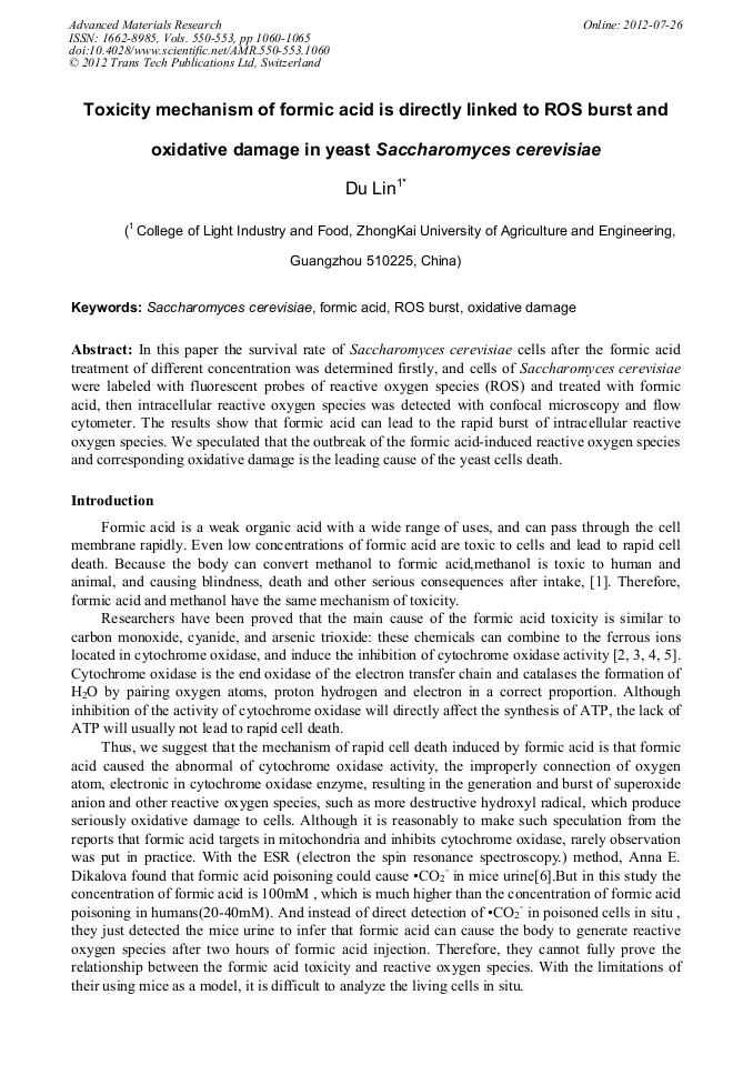 Toxicity Mechanism of Formic Acid is Directly Linked to ROS Burst and ...