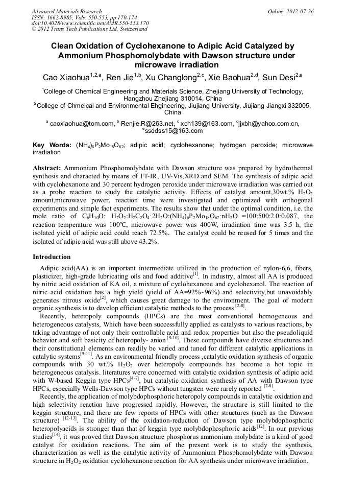 Clean Oxidation of Cyclohexanone to Adipic Acid Catalyzed by Ammonium ...
