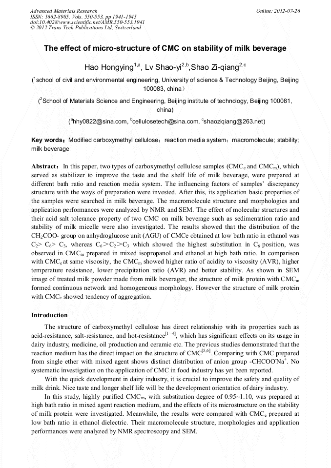 The Effect of Micro-Structure of CMC on Stability of Milk Beverage ...