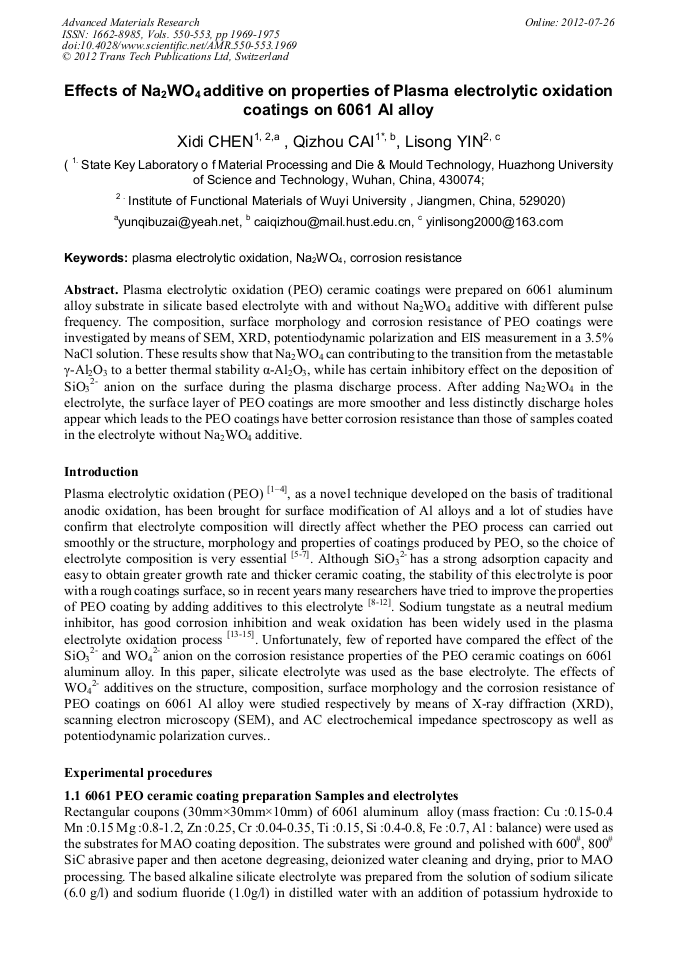 Effects of Na2WO4 Additive on Properties of Plasma Electrolytic ...