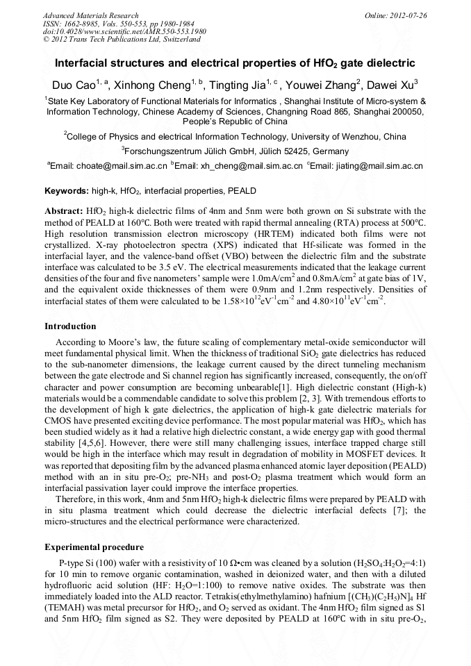 Interfacial Structures and Electrical Properties of HfO2 Gate ...