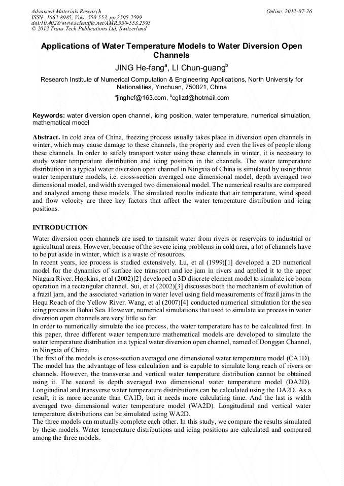 Applications of Water Temperature Models to Water Diversion Open ...