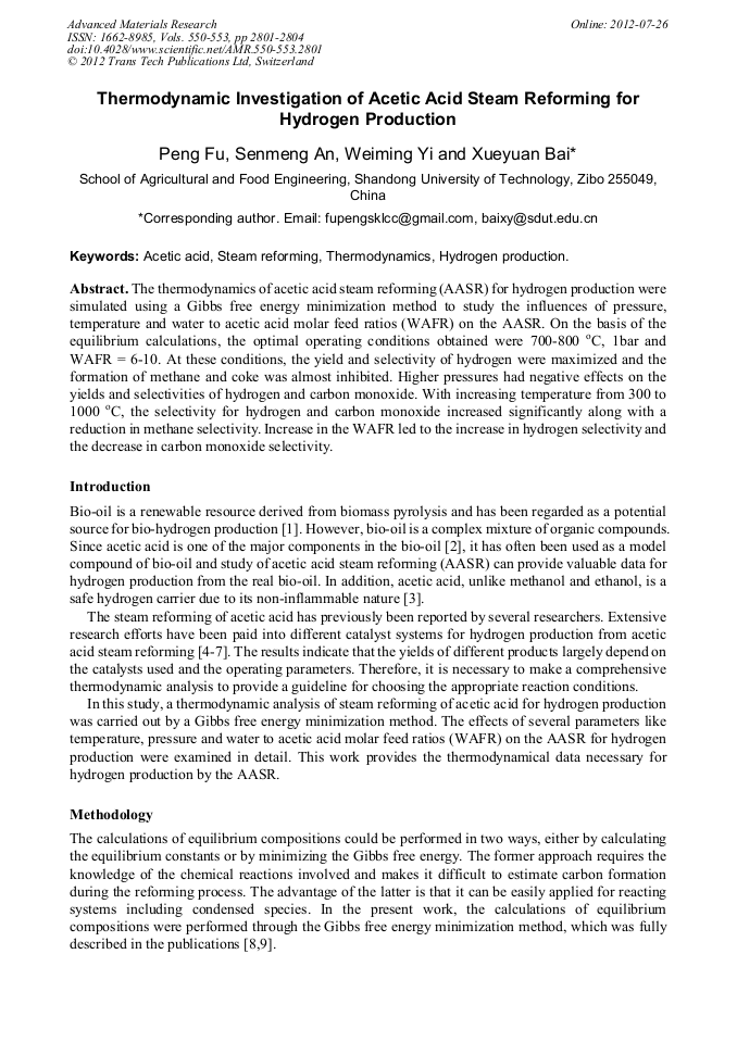 Thermodynamic Investigation of Acetic Acid Steam Reforming for Hydrogen ...