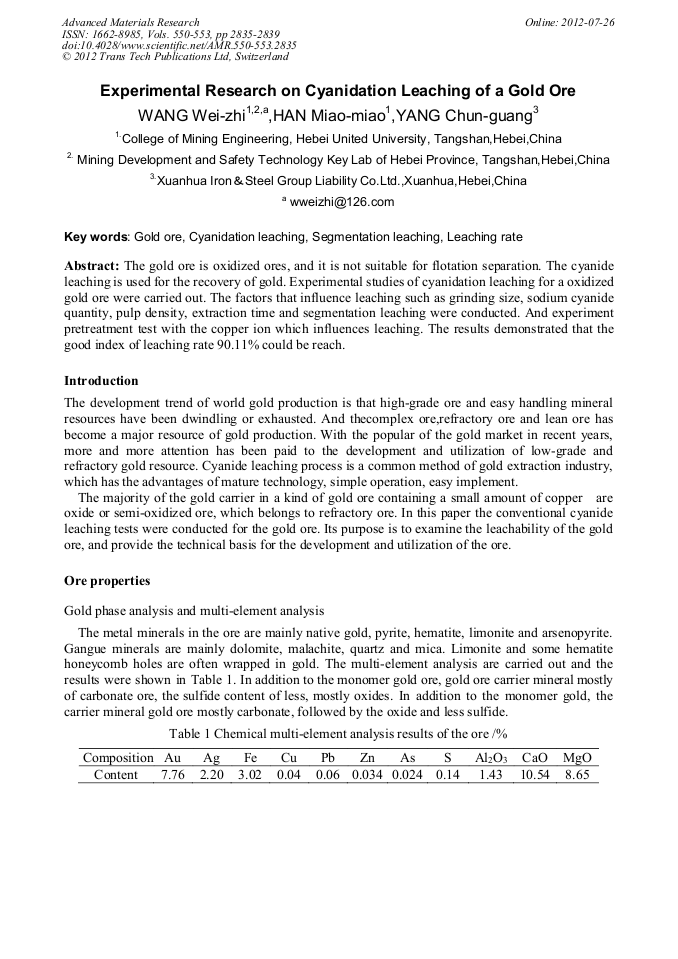 Experimental Research on Cyanidation Leaching of a Gold Ore ...