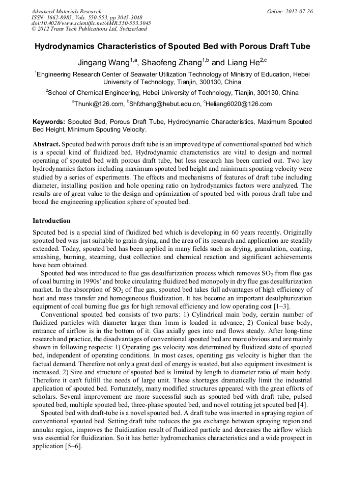 Hydrodynamics Characteristics of Spouted Bed with Porous Draft Tube ...