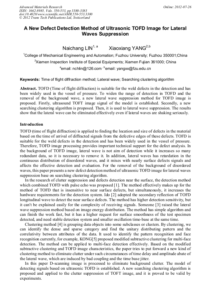 A New Defect Detection Method of Ultrasonic TOFD Image for Lateral ...