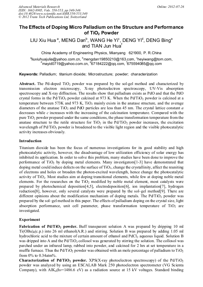 The Effects of Doping Micro Palladium on the Structure and Performance ...