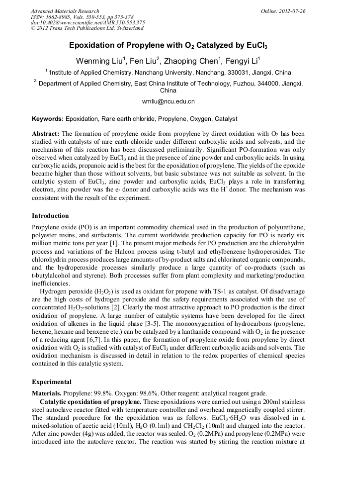 Epoxidation of Propylene with O2 Catalyzed by EuCl3 | Scientific.Net
