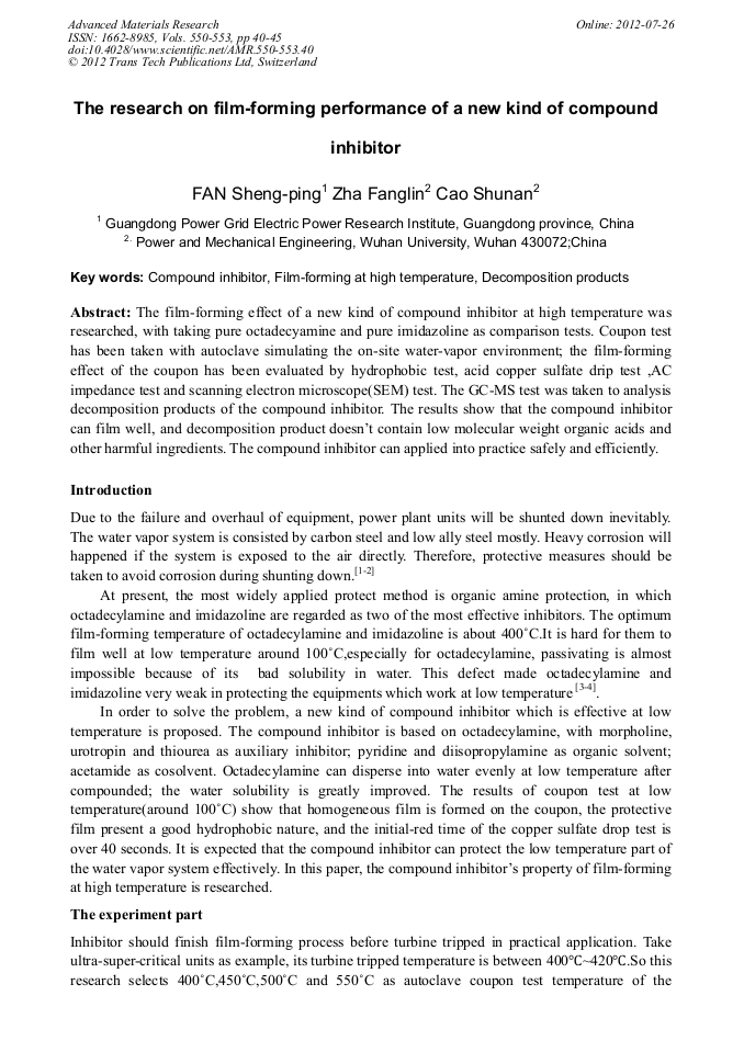 The Research on Film-Forming Performance of a New Kind of Compound ...