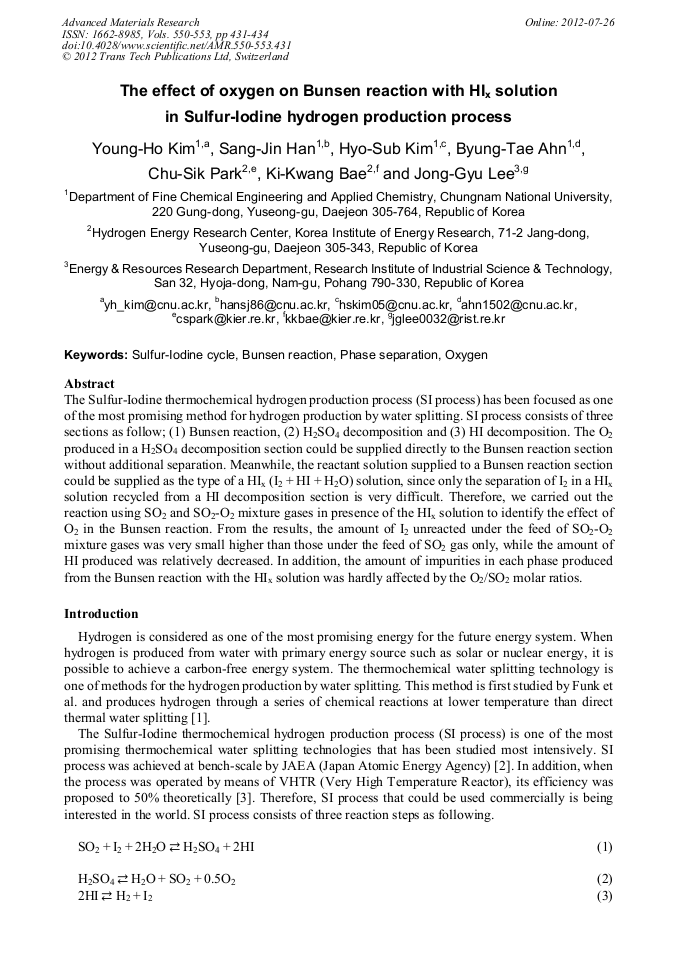 The Effect of Oxygen on Bunsen Reaction with HIX Solution in Sulfur ...