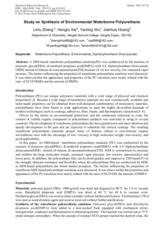 Study on Synthesis of Environmental Waterborne Polyurethane ...