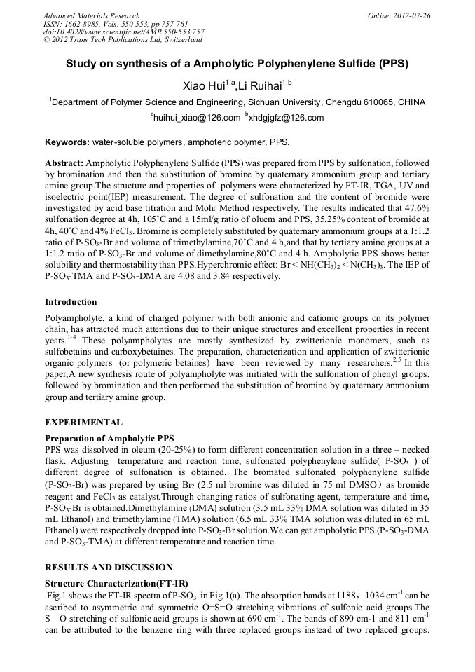 Study on Synthesis of a Ampholytic Polyphenylene Sulfide (PPS ...