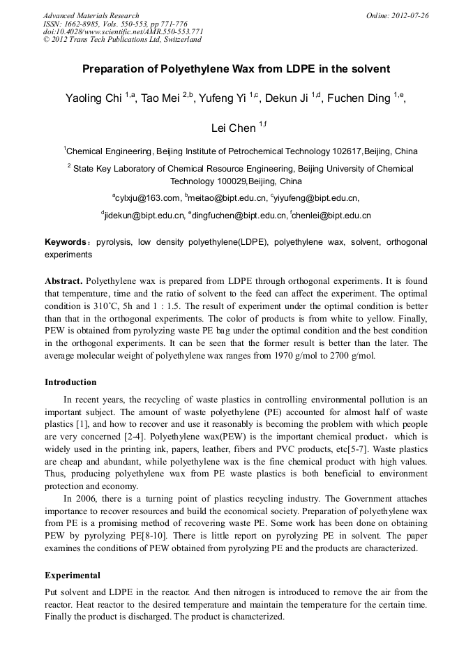 Preparation of Polyethylene Wax from LDPE in the Solvent | Scientific.Net