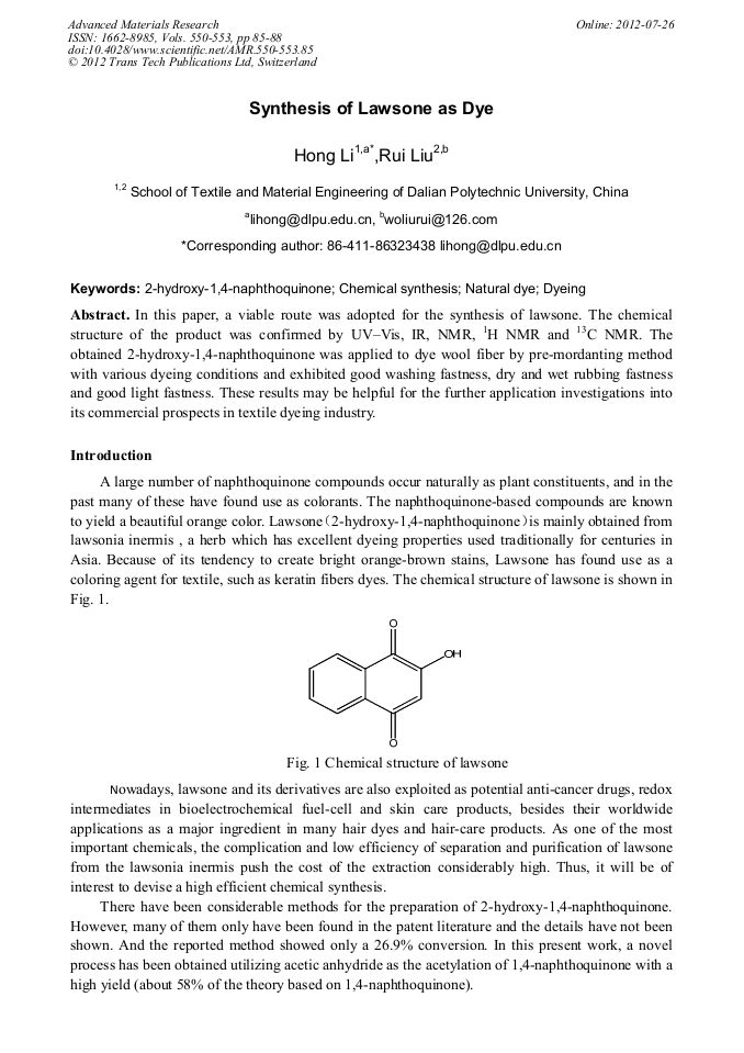Synthesis of Lawsone as Dye | Scientific.Net