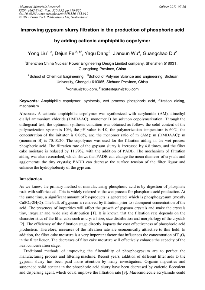 Improving Gypsum Slurry Filtration in the Production of Phosphoric Acid ...
