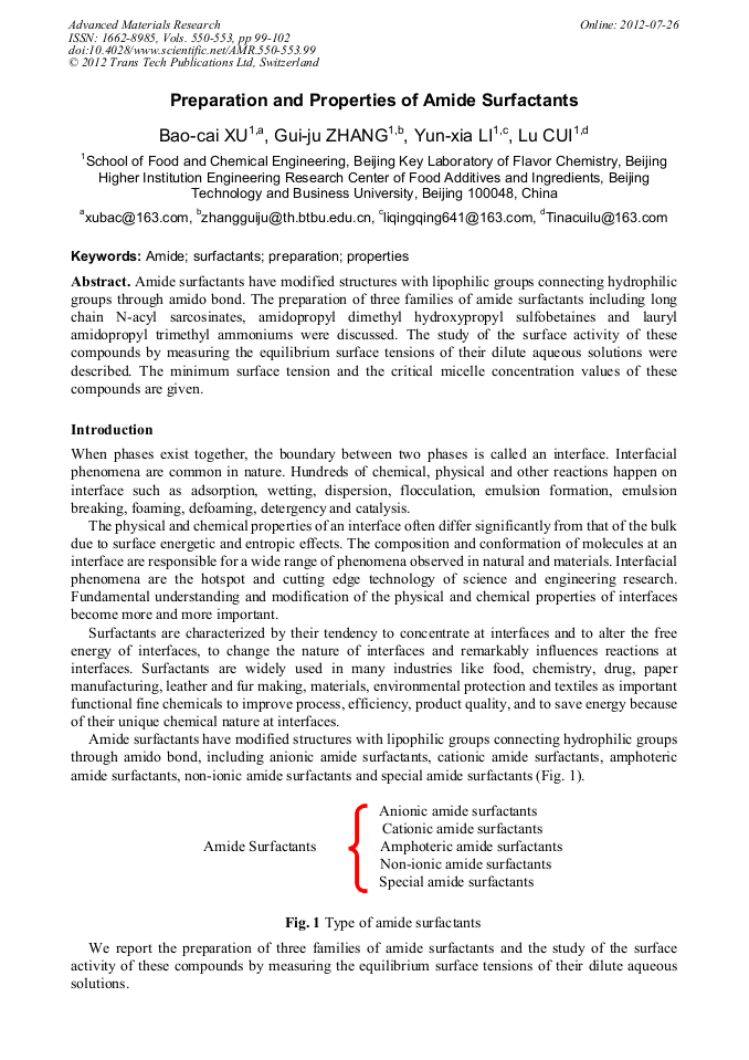Preparation and Properties of Amide Surfactants | Scientific.Net