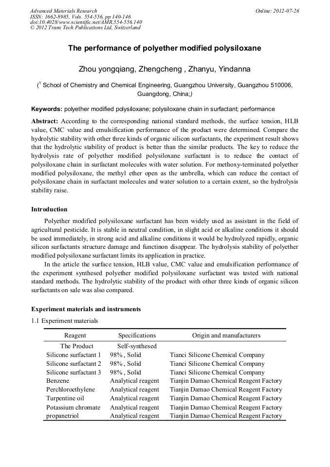 The Performance of Polyether Modified Polysiloxane | Scientific.Net