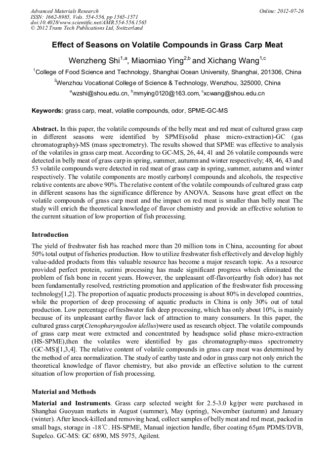 Effect of Seasons on Volatile Compounds in Grass Carp Meat | Scientific.Net