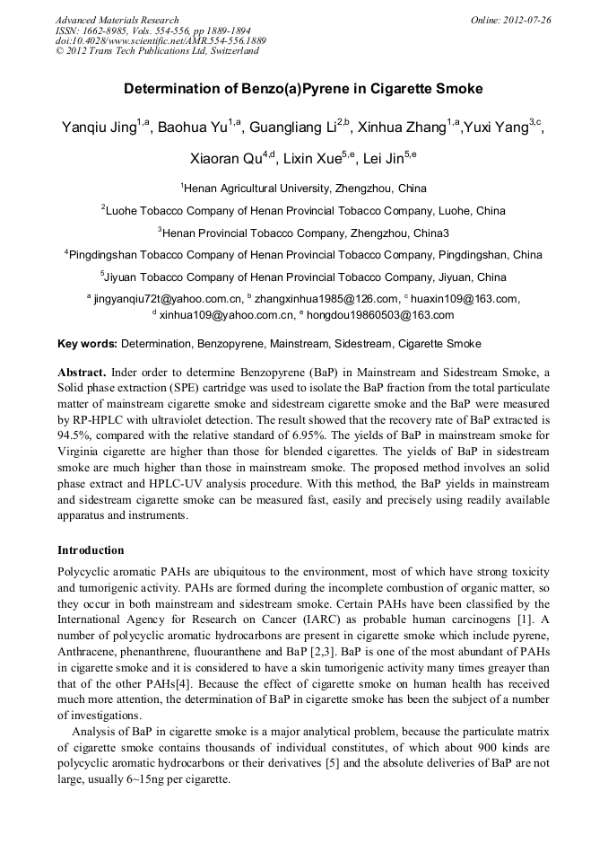Determination of Benzo(a)Pyrene in Cigarette Smoke | Scientific.Net