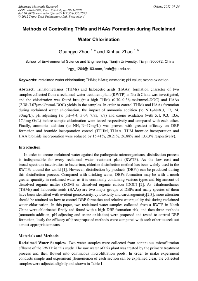 Methods of Controlling THMs and HAAs Formation during Reclaimed Water ...