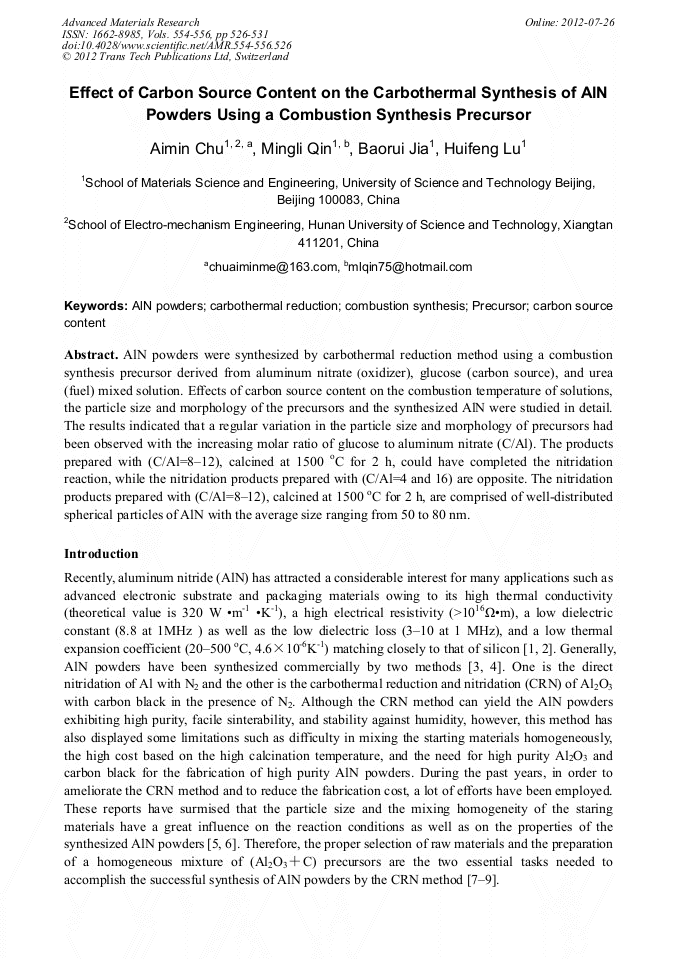 Effect of Carbon Source Content on the Carbothermal Synthesis of AlN ...
