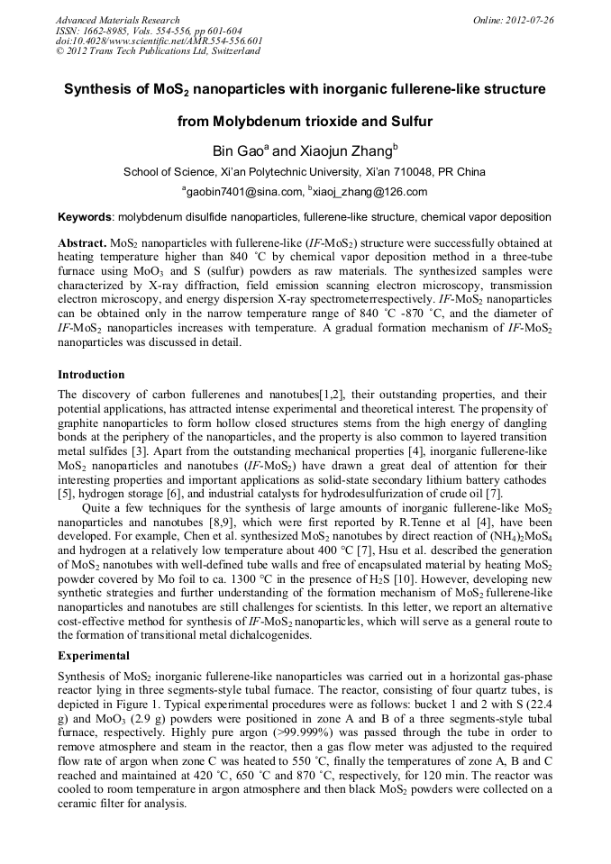Synthesis of MoS2 Nanoparticles with Inorganic Fullerene-Like Structure ...