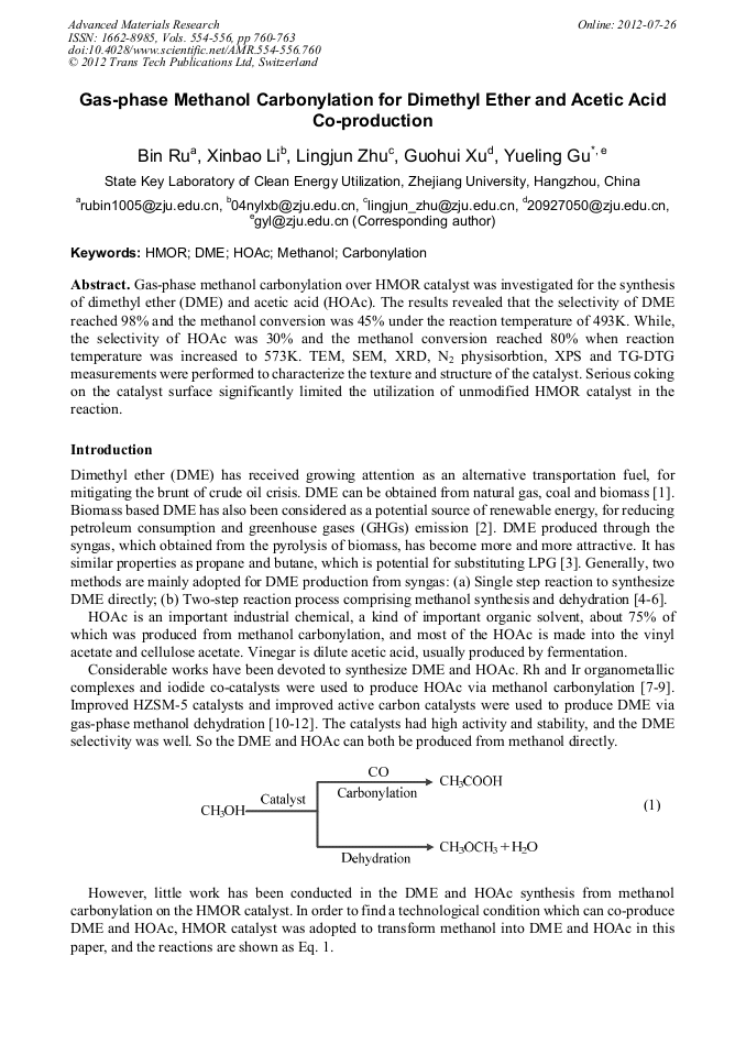 Gas-Phase Methanol Carbonylation for Dimethyl Ether and Acetic Acid Co ...