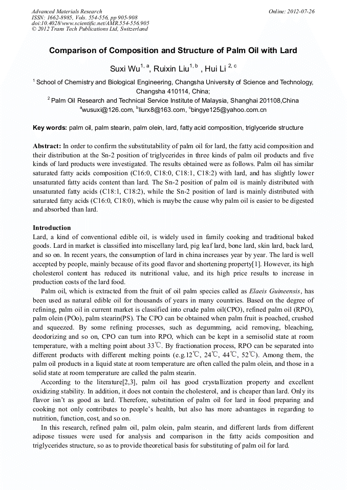 Comparison of Composition and Structure of Palm Oil with Lard ...