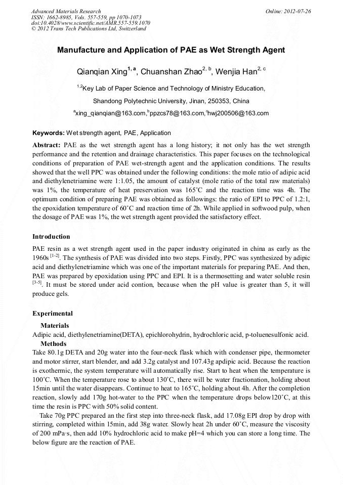 Manufacture and Application of PAE as Wet Strength Agent | Scientific.Net