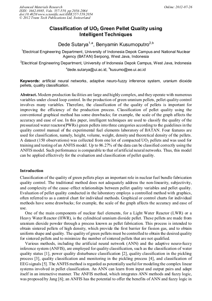 Classification of UO2 Green Pellet Quality Using Intelligent Techniques ...