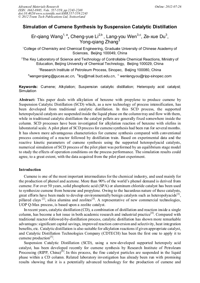Simulation of Cumene Synthesis by Suspension Catalytic Distillation ...